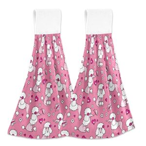 hjjkllp pink poodle hand towel kitchen 2 pack, hanging tie towels with loop for bathroom absorbent dish towel washcloth