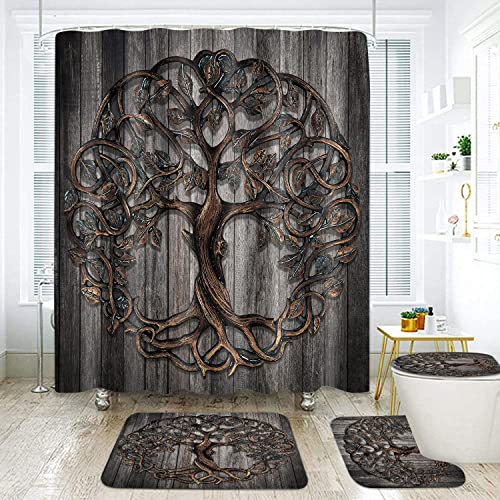 4 Pcs Tree of Life Shower Curtain Set, Vintage Viking Nordic Rustic Tree Bathroom Sets with Shower Curtain and Rugs, Bath Curtain, Bath Mat, Toilet Lid Cover, U Shaped Rug, Hooks, SETLSSD268