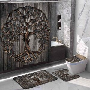 4 Pcs Tree of Life Shower Curtain Set, Vintage Viking Nordic Rustic Tree Bathroom Sets with Shower Curtain and Rugs, Bath Curtain, Bath Mat, Toilet Lid Cover, U Shaped Rug, Hooks, SETLSSD268