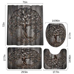 4 Pcs Tree of Life Shower Curtain Set, Vintage Viking Nordic Rustic Tree Bathroom Sets with Shower Curtain and Rugs, Bath Curtain, Bath Mat, Toilet Lid Cover, U Shaped Rug, Hooks, SETLSSD268