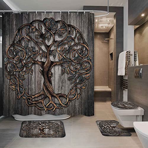 4 Pcs Tree of Life Shower Curtain Set, Vintage Viking Nordic Rustic Tree Bathroom Sets with Shower Curtain and Rugs, Bath Curtain, Bath Mat, Toilet Lid Cover, U Shaped Rug, Hooks, SETLSSD268