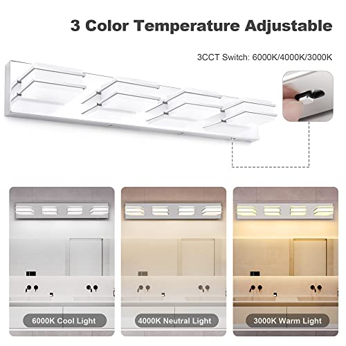 3 Color Temperature Dimmable Vanity Lights for Bathroom LED Chrome 4 Light Bathroom Vanity Light Fixtures Acrylic Stainless Steel Square Shade Bathroom Light Fixtures over Mirror, ETL Certificated