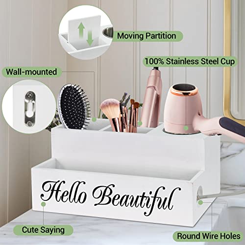 Hair Dryer Holder, Hair Tool Organizer Wall Mounted, Wood Bathroom Blow Dryer Holder and Vanity Organizer, Bathroom Countertop Organizer for Bathroom Accessories, Makeup Storage Wall Mounted(White)