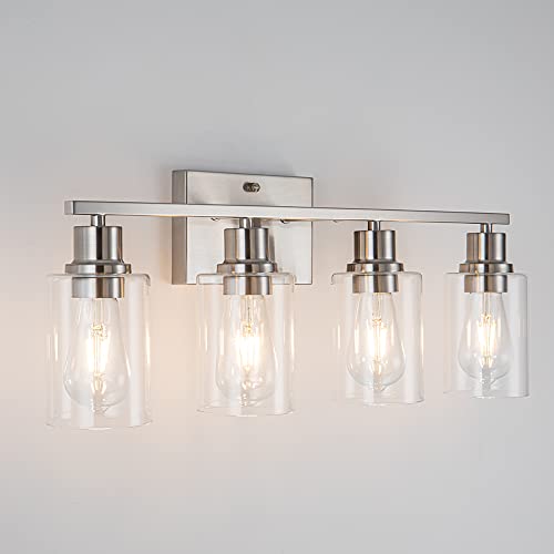 EMONG Brushed Nickel Bathroom Light Fixtures,4-Light Vanity Lights with Clear Glass Shade,Wall Sconces for Hallway, Farmhouse,Living Room,Kitchen