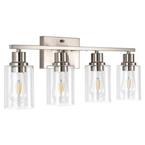 EMONG Brushed Nickel Bathroom Light Fixtures,4-Light Vanity Lights with Clear Glass Shade,Wall Sconces for Hallway, Farmhouse,Living Room,Kitchen