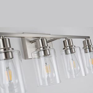 EMONG Brushed Nickel Bathroom Light Fixtures,4-Light Vanity Lights with Clear Glass Shade,Wall Sconces for Hallway, Farmhouse,Living Room,Kitchen