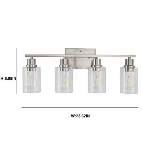 EMONG Brushed Nickel Bathroom Light Fixtures,4-Light Vanity Lights with Clear Glass Shade,Wall Sconces for Hallway, Farmhouse,Living Room,Kitchen