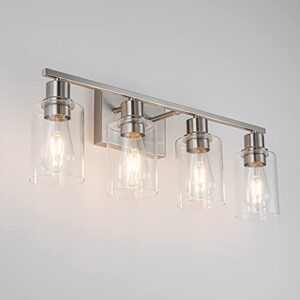 EMONG Brushed Nickel Bathroom Light Fixtures,4-Light Vanity Lights with Clear Glass Shade,Wall Sconces for Hallway, Farmhouse,Living Room,Kitchen