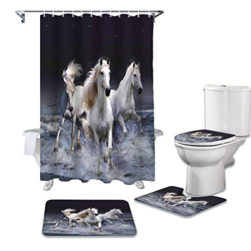 EZON-CH Crazy 3D White Horse Animal Pattern 4 Pieces Shower Curtain Sets with Non-Slip Rugs, Toilet Lid Cover, Bath Mat and Shower Curtain for Bathroom Decoration