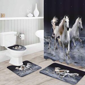 EZON-CH Crazy 3D White Horse Animal Pattern 4 Pieces Shower Curtain Sets with Non-Slip Rugs, Toilet Lid Cover, Bath Mat and Shower Curtain for Bathroom Decoration