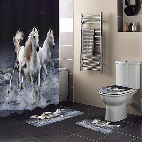 EZON-CH Crazy 3D White Horse Animal Pattern 4 Pieces Shower Curtain Sets with Non-Slip Rugs, Toilet Lid Cover, Bath Mat and Shower Curtain for Bathroom Decoration