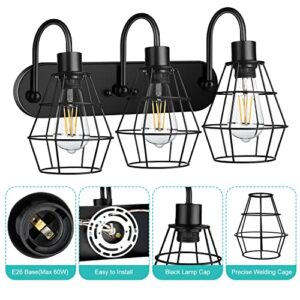 Mlambert 3-Light Industrial Bathroom Vanity Light, Vintage Metal Cage Wall Sconce, Rustic Farmhouse Wall Light Fixture, Wall Lamps for Bedroom, Living Room, Mirror Cabinet, Black (Bulb Not Included)