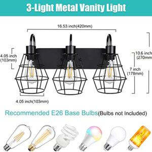 Mlambert 3-Light Industrial Bathroom Vanity Light, Vintage Metal Cage Wall Sconce, Rustic Farmhouse Wall Light Fixture, Wall Lamps for Bedroom, Living Room, Mirror Cabinet, Black (Bulb Not Included)