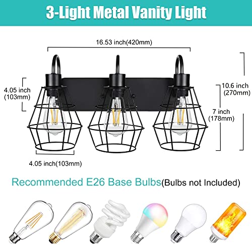 Mlambert 3-Light Industrial Bathroom Vanity Light, Vintage Metal Cage Wall Sconce, Rustic Farmhouse Wall Light Fixture, Wall Lamps for Bedroom, Living Room, Mirror Cabinet, Black (Bulb Not Included)