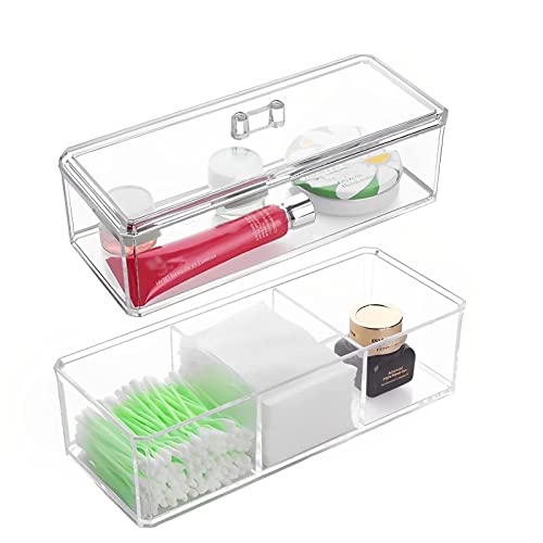 ROYALITA 2-Pack Qtip Holder Dispenser, Clear Acrylic Display Case with Lid, Stackable Storage Desk Organizer for Cotton Swab, Cotton Ball, Make Up Pads, Makeup Brush