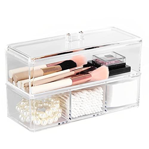 ROYALITA 2-Pack Qtip Holder Dispenser, Clear Acrylic Display Case with Lid, Stackable Storage Desk Organizer for Cotton Swab, Cotton Ball, Make Up Pads, Makeup Brush