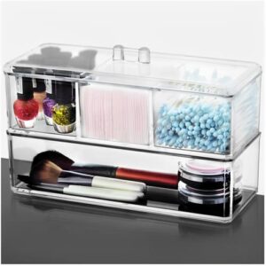 ROYALITA 2-Pack Qtip Holder Dispenser, Clear Acrylic Display Case with Lid, Stackable Storage Desk Organizer for Cotton Swab, Cotton Ball, Make Up Pads, Makeup Brush