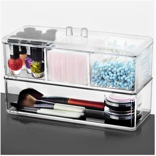 ROYALITA 2-Pack Qtip Holder Dispenser, Clear Acrylic Display Case with Lid, Stackable Storage Desk Organizer for Cotton Swab, Cotton Ball, Make Up Pads, Makeup Brush