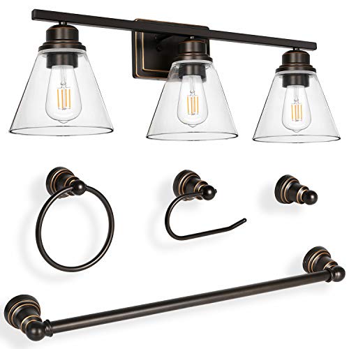 hykolity 3-Light Vanity Light Fixture, 5-Piece All-in-One Bathroom Set (E26 Bulb Base), Oil Rubbed Bronze Wall Lighting with Glass Shads, ETL Listed (Bulb not Included)