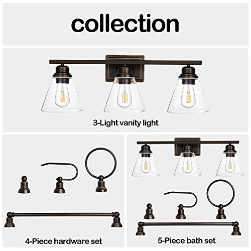 hykolity 3-Light Vanity Light Fixture, 5-Piece All-in-One Bathroom Set (E26 Bulb Base), Oil Rubbed Bronze Wall Lighting with Glass Shads, ETL Listed (Bulb not Included)