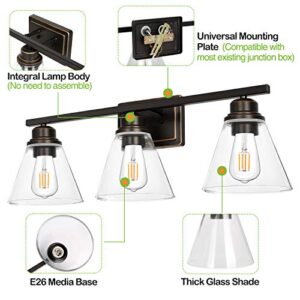 hykolity 3-Light Vanity Light Fixture, 5-Piece All-in-One Bathroom Set (E26 Bulb Base), Oil Rubbed Bronze Wall Lighting with Glass Shads, ETL Listed (Bulb not Included)