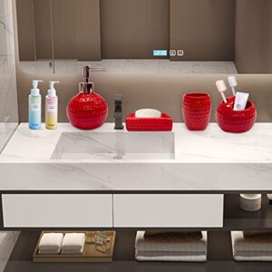 LISANEK Bathroom Accessories Set 4 Piece Ceramic Bathroom Accessories Decoration Set with Lotion Dispenser, Soap Dish,Cup,Toothbrush Holder (Red)