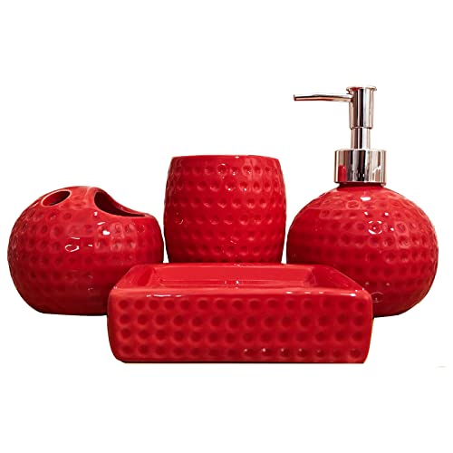 LISANEK Bathroom Accessories Set 4 Piece Ceramic Bathroom Accessories Decoration Set with Lotion Dispenser, Soap Dish,Cup,Toothbrush Holder (Red)