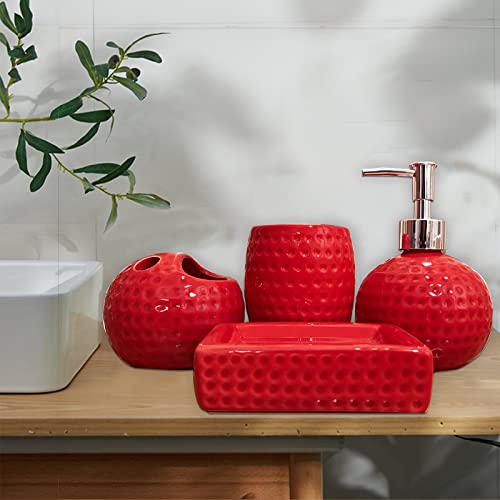 LISANEK Bathroom Accessories Set 4 Piece Ceramic Bathroom Accessories Decoration Set with Lotion Dispenser, Soap Dish,Cup,Toothbrush Holder (Red)