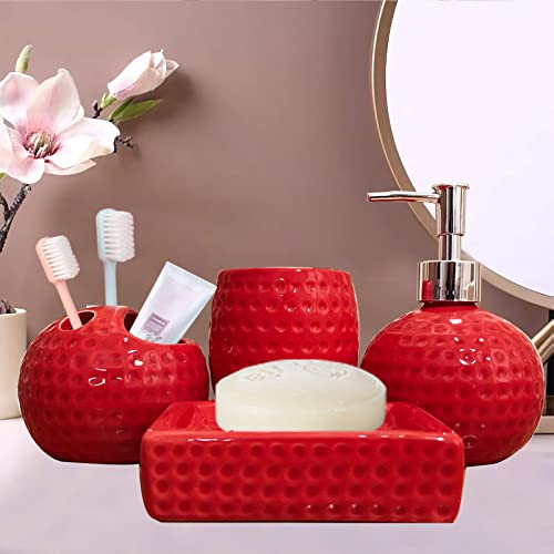 LISANEK Bathroom Accessories Set 4 Piece Ceramic Bathroom Accessories Decoration Set with Lotion Dispenser, Soap Dish,Cup,Toothbrush Holder (Red)