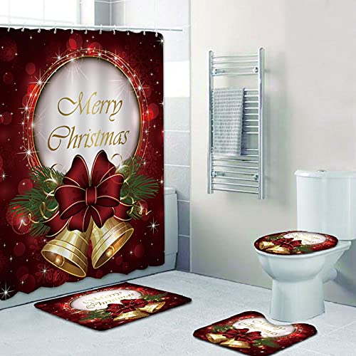 Novobey 4 Pcs Christmas Shower Curtain Sets with Non-Slip Rug, Toilet Lid Cover and Bath Mat, Waterproof Polyester Shower Curtain with 12 Hooks for Christmas Decoration