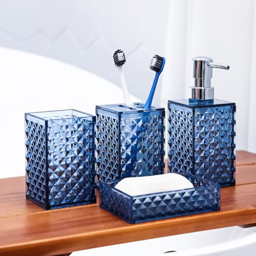 Bathroom Accessories Set, 4Pcs Blue Bathroom Accessories Sets Complete with Soap Dispenser, Toothbrush Holder,Tumbler,Soap Dish-Decorative Countertop Vanity Organizer