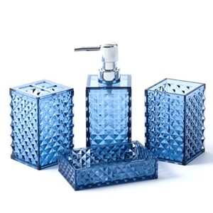 Bathroom Accessories Set, 4Pcs Blue Bathroom Accessories Sets Complete with Soap Dispenser, Toothbrush Holder,Tumbler,Soap Dish-Decorative Countertop Vanity Organizer