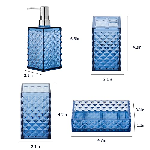 Bathroom Accessories Set, 4Pcs Blue Bathroom Accessories Sets Complete with Soap Dispenser, Toothbrush Holder,Tumbler,Soap Dish-Decorative Countertop Vanity Organizer