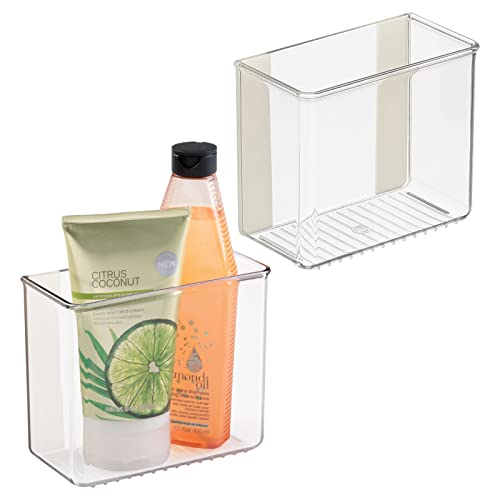 mDesign Plastic Adhesive Wall Mount Storage Organizer Container for Bathroom, Shower, Vanity Cosmetic Organization - Hold Shampoo, Conditioner, Vitamins, 6" Wide, Poppon Collection, 2 Pack, Clear