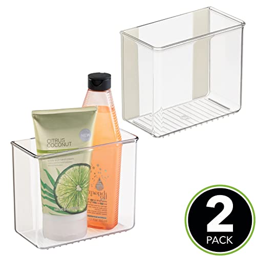 mDesign Plastic Adhesive Wall Mount Storage Organizer Container for Bathroom, Shower, Vanity Cosmetic Organization - Hold Shampoo, Conditioner, Vitamins, 6" Wide, Poppon Collection, 2 Pack, Clear