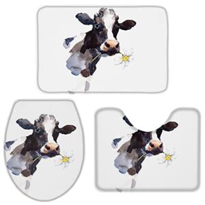 3 piece bath rugs sets,watercolor farm cow with daisy toilet sets non slip bath mat, water absorbent u-shaped contour toilet mat, toilet lid cover,white black