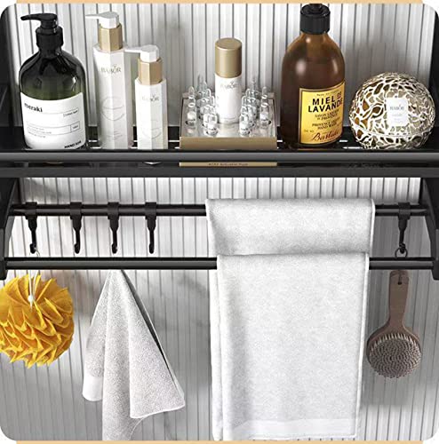 Shower Caddy Shelf Black No Drilling Shower Organizer with Hook Towel Bar Adhesive Rustproof Steel Shower Storage Shelves Adhesive Rack for Bathroom Washroom (Black)