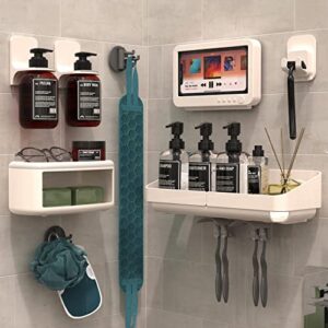 elil shower caddy shower shelf for inside shower phone case shower accessories 13-in-1 set, self adhesive shower organizers – no drill easy installation with exfoliation glove back scrubber and loofa