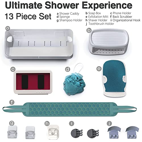 Elil Shower Caddy Shower Shelf for Inside Shower Phone Case Shower Accessories 13-in-1 Set, Self Adhesive Shower Organizers – No Drill Easy Installation with Exfoliation Glove Back Scrubber and Loofa