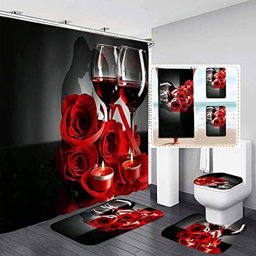 Shower Curtain Sets with Rugs and Towels, Non-Slip Rugs, Toilet Lid Cover, Bath Towel and Mat, Romantic Red Rose Shower Curtain with 12 Hooks