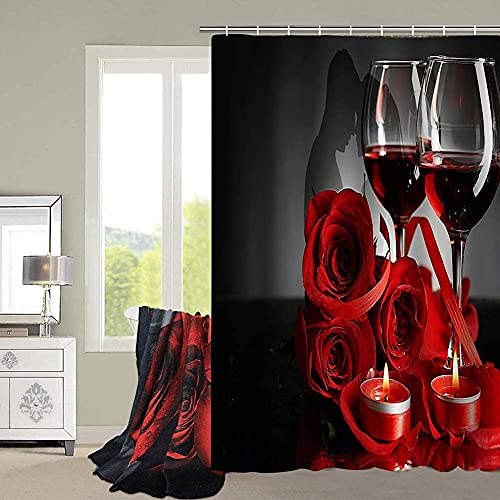 Shower Curtain Sets with Rugs and Towels, Non-Slip Rugs, Toilet Lid Cover, Bath Towel and Mat, Romantic Red Rose Shower Curtain with 12 Hooks