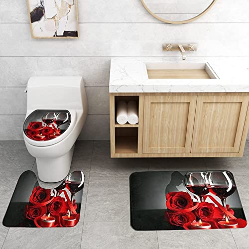 Shower Curtain Sets with Rugs and Towels, Non-Slip Rugs, Toilet Lid Cover, Bath Towel and Mat, Romantic Red Rose Shower Curtain with 12 Hooks