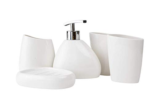 My-Deeb Bathroom Accessories Set, 5-Piece Include [ Lotion Dispenser, Tooth Brush Holder, 2 Tumbler and Soap Dish ]. White Ceramic. Modern Design Bath Set.