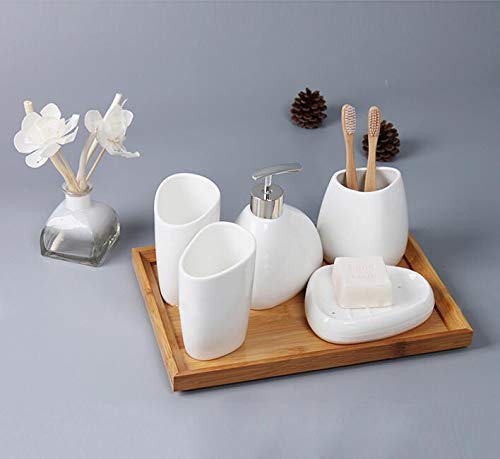 My-Deeb Bathroom Accessories Set, 5-Piece Include [ Lotion Dispenser, Tooth Brush Holder, 2 Tumbler and Soap Dish ]. White Ceramic. Modern Design Bath Set.