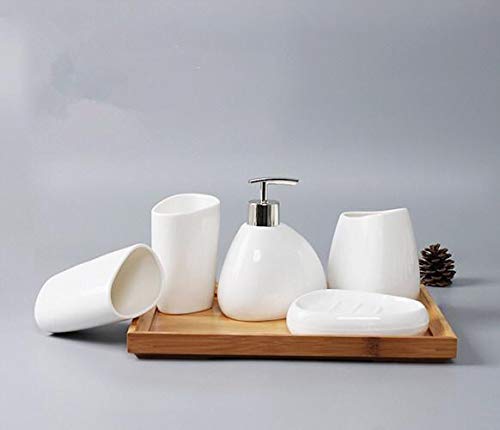 My-Deeb Bathroom Accessories Set, 5-Piece Include [ Lotion Dispenser, Tooth Brush Holder, 2 Tumbler and Soap Dish ]. White Ceramic. Modern Design Bath Set.