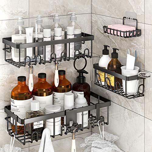 biukpci 4 Pack Shower Caddy Shelf with 20 Hooks and Soap Holder Rustproof Stainless Steel Shower Shelves Adhesive Bathroom Shower Storage Organizer