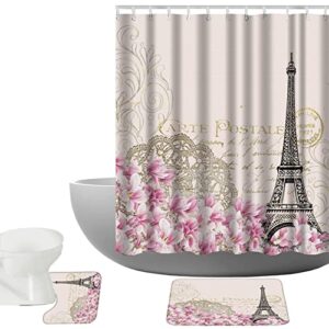 amagical paris decor collection eiffel tower with pink flowers vintage soft color art print 3 piece bathroom mat set shower curtain set bath mat contour mat fabric shower curtian 12 hooks