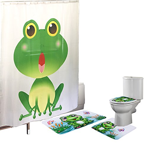 Amagical 16 Pieces Shower Curtain Set Bath Mat Set Contour Mat Toilet Cover Cute Frog Print Shower Curtain with 12 Hooks