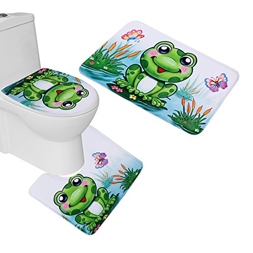 Amagical 16 Pieces Shower Curtain Set Bath Mat Set Contour Mat Toilet Cover Cute Frog Print Shower Curtain with 12 Hooks