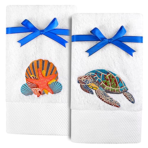 Quera 2 Pack Ocean Hand Towels 100 Percent Cotton Embroidered Premium Luxury Decor Bathroom Decorative Dish Set for Drying, Cleaning, Cooking, 13.7'' x 29.5'', White,Blue